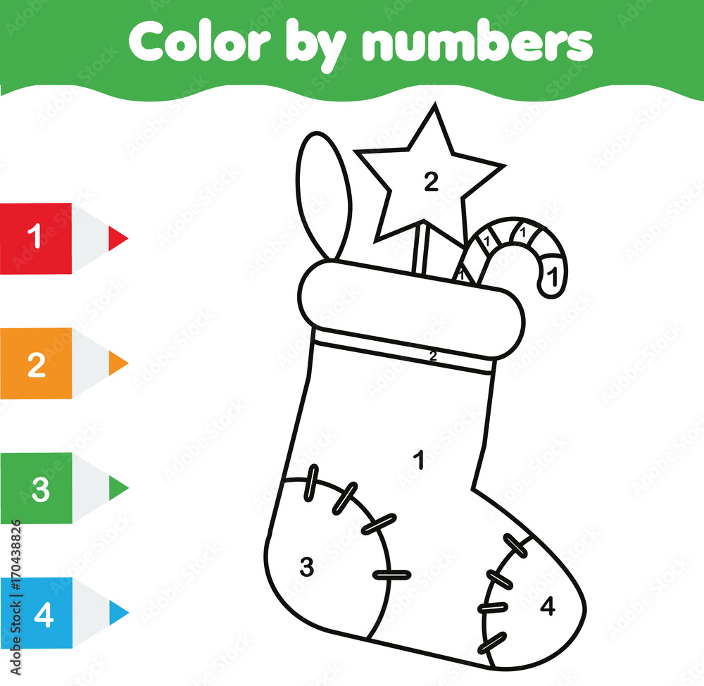 Coloring page with Christmas sock. Color by numbers educational ...