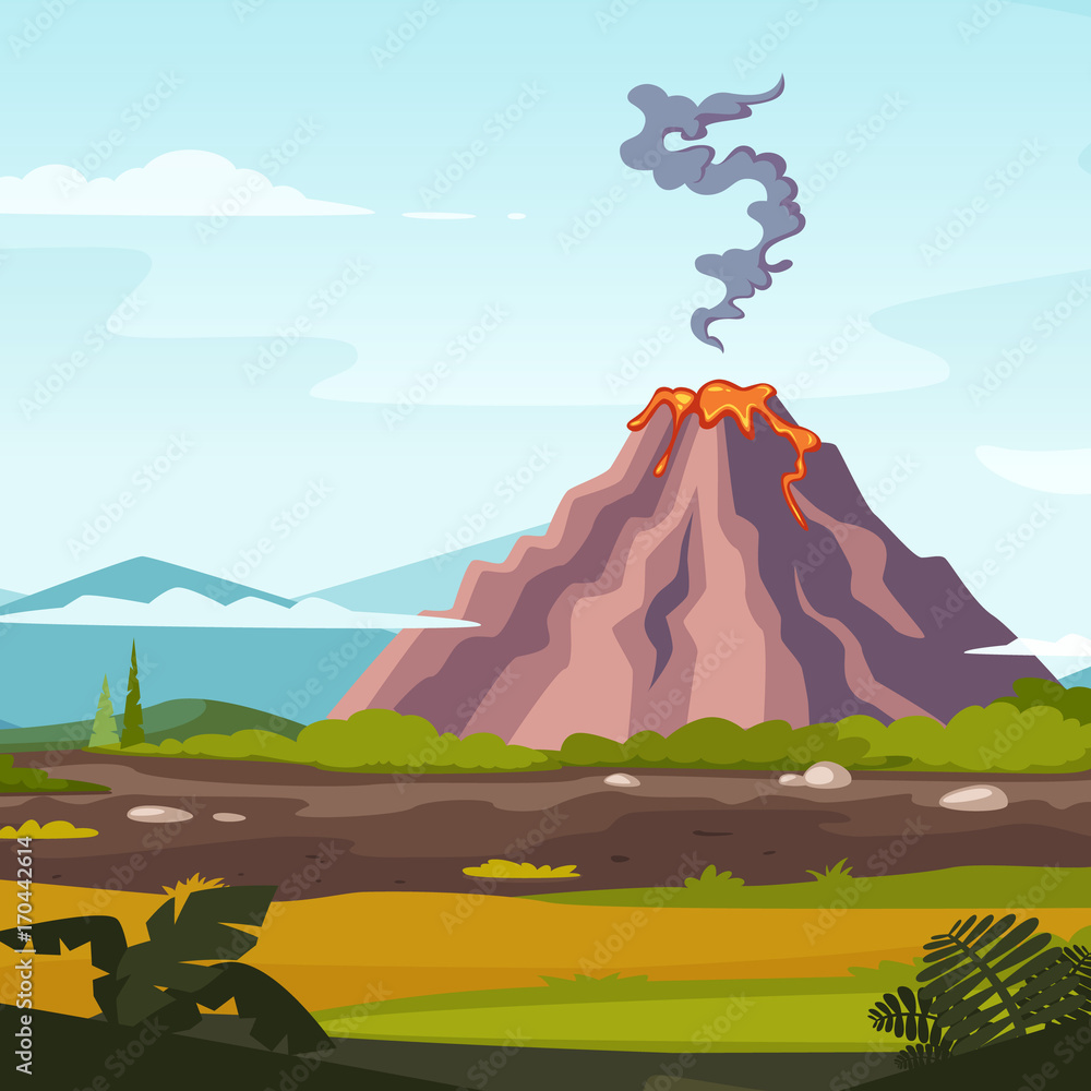 Wild landscape with volcano and lava. Cartoon background for game ...