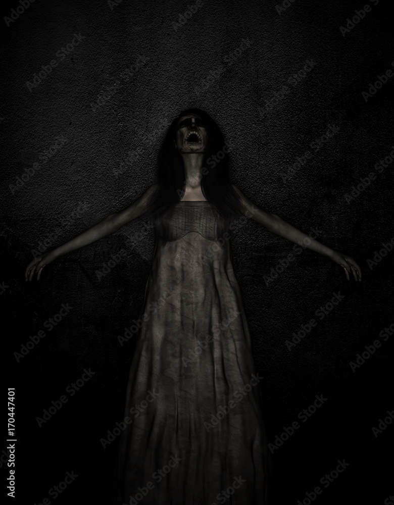 3d illustration of scary ghost woman in the dark,Horror background ...