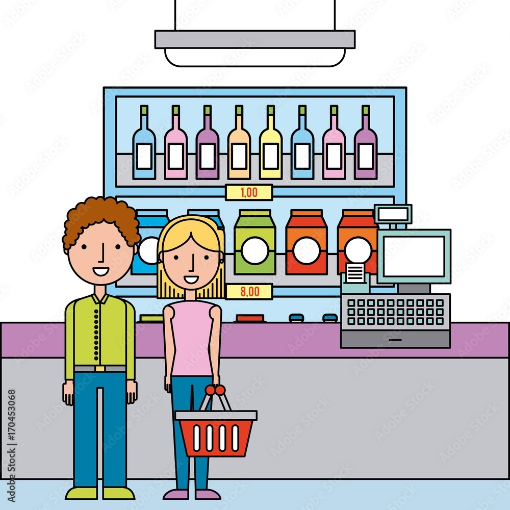 people in supermarket shopping interior cash register shelf drinks ...