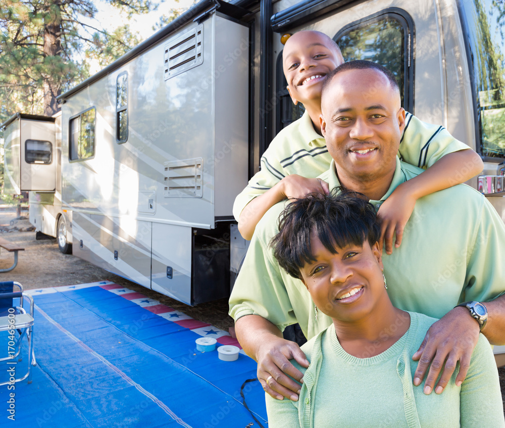 Happy African American Family In Front of Their Beautiful RV At The ...