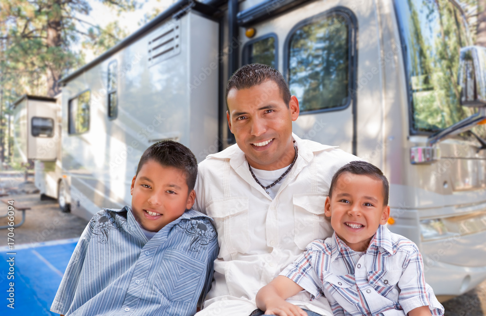 Happy Hispanic Father and Sons In Front of Their Beautiful RV At The ...