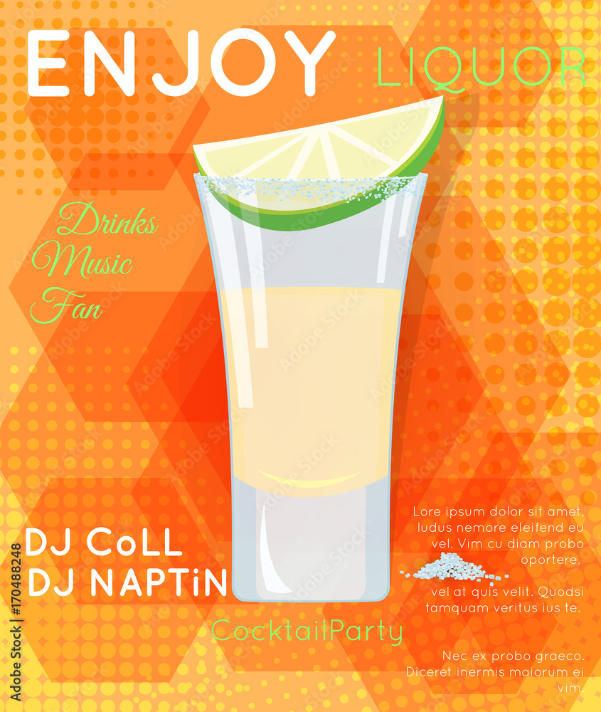 Tequila shot cocktail with slice of lime and salt on orange hexagons ...