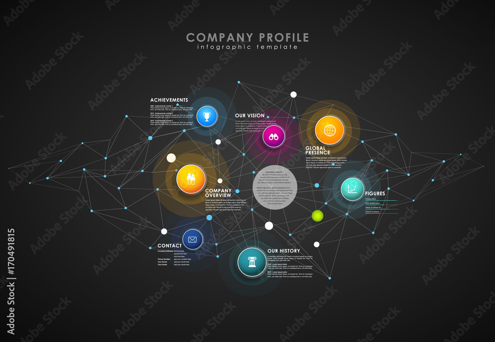 Company profile overview template with colorful circles, dots on dark ...