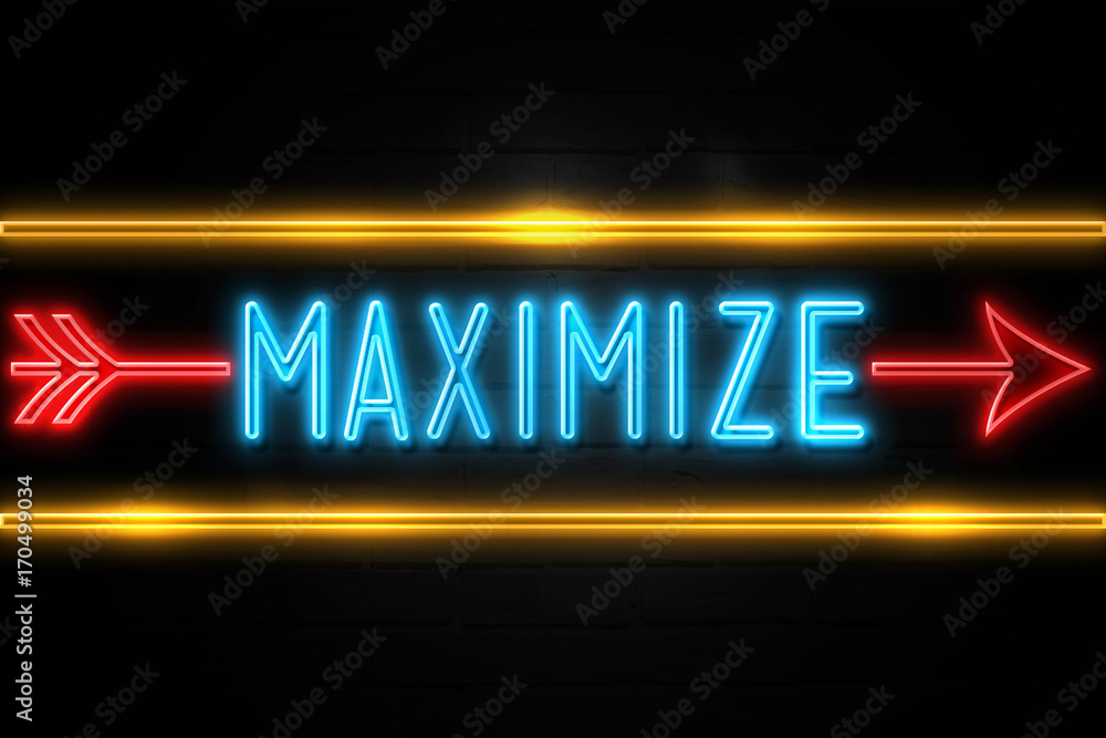 Maximize - fluorescent Neon Sign on brickwall Front view Stock ...