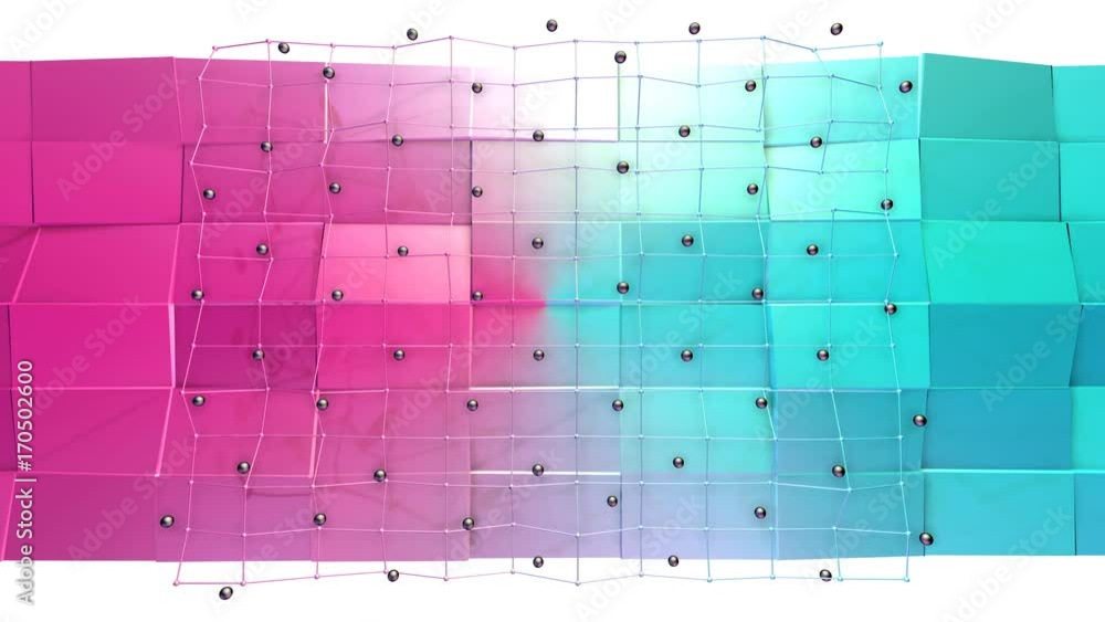 Low poly 3D surface with flying grid or mesh and black spheres as ...