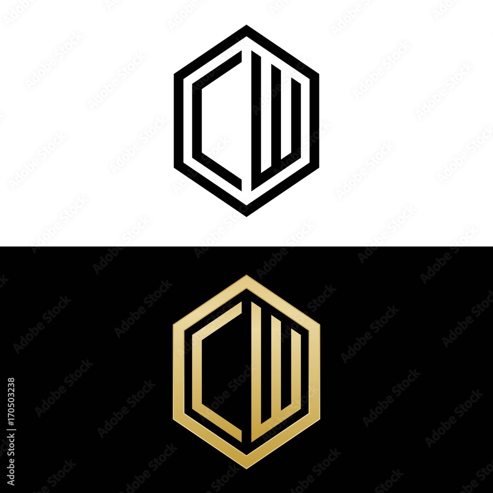 initial letters logo cw black and gold monogram hexagon shape vector ...