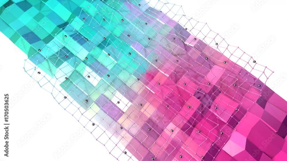 Low poly 3D surface with flying grid or mesh and black spheres as ...