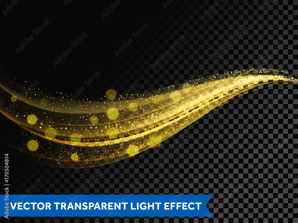 Light line gold swirl or sparkling fire trail effect. Vector glitter ...