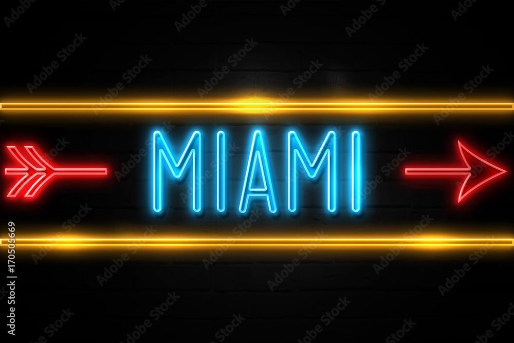 Miami - fluorescent Neon Sign on brickwall Front view Stock ...