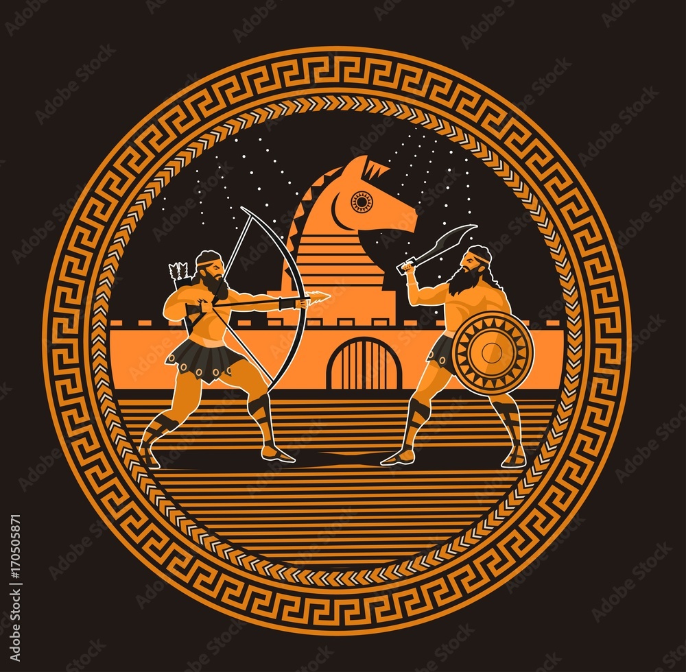 rounded orange and black greek figures painting trojan war Stock Vector ...