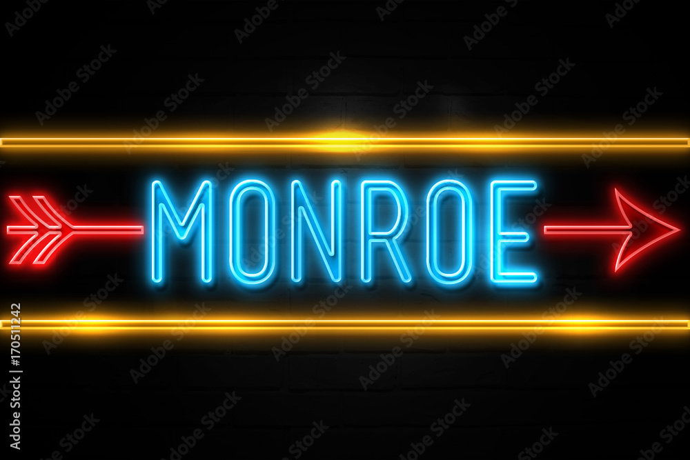 Monroe - fluorescent Neon Sign on brickwall Front view Stock ...