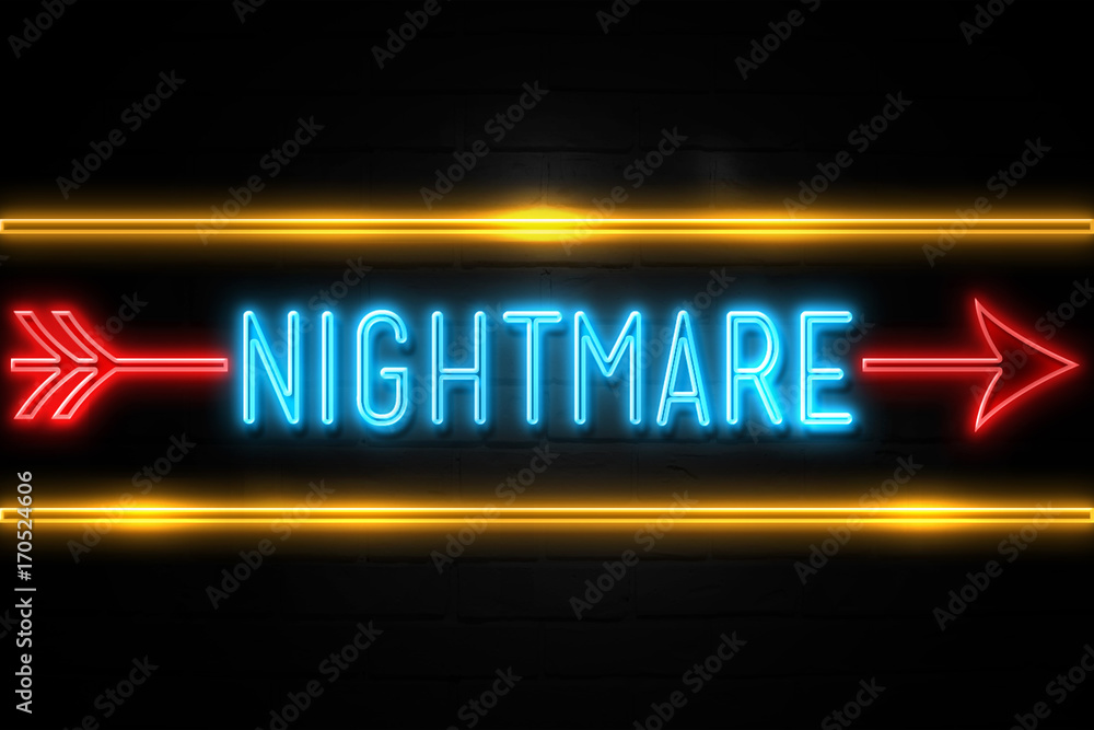 Nightmare - fluorescent Neon Sign on brickwall Front view Stock ...
