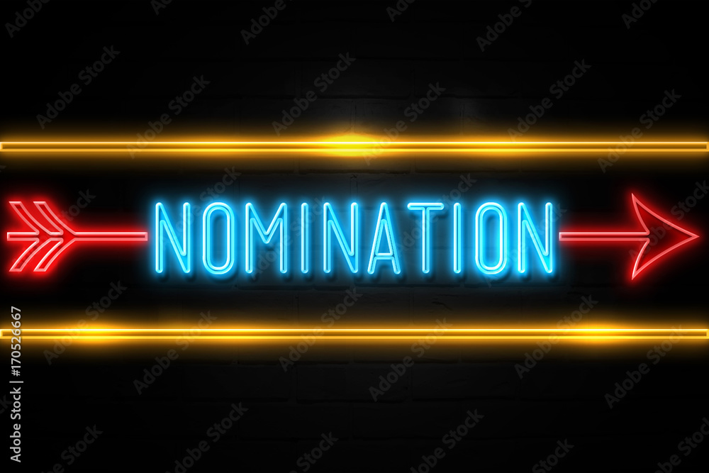 Nomination - fluorescent Neon Sign on brickwall Front view Stock ...