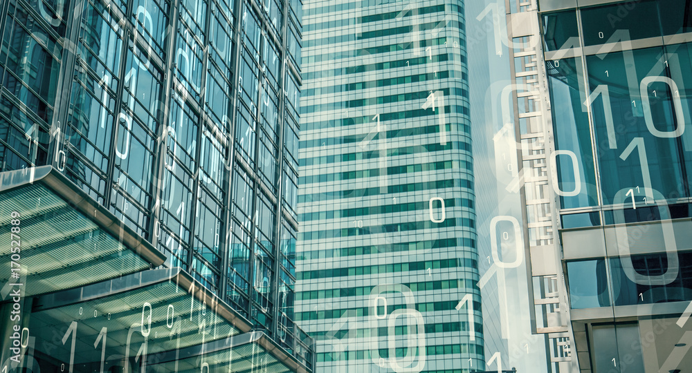 Cyber security, binary code and modern office buildings Stock Photo ...