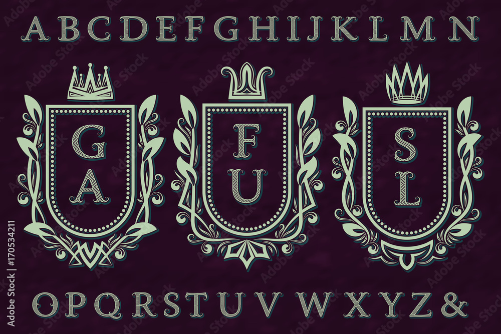 Vintage initial logos kit. Coat of arms frames, patterned letters ...