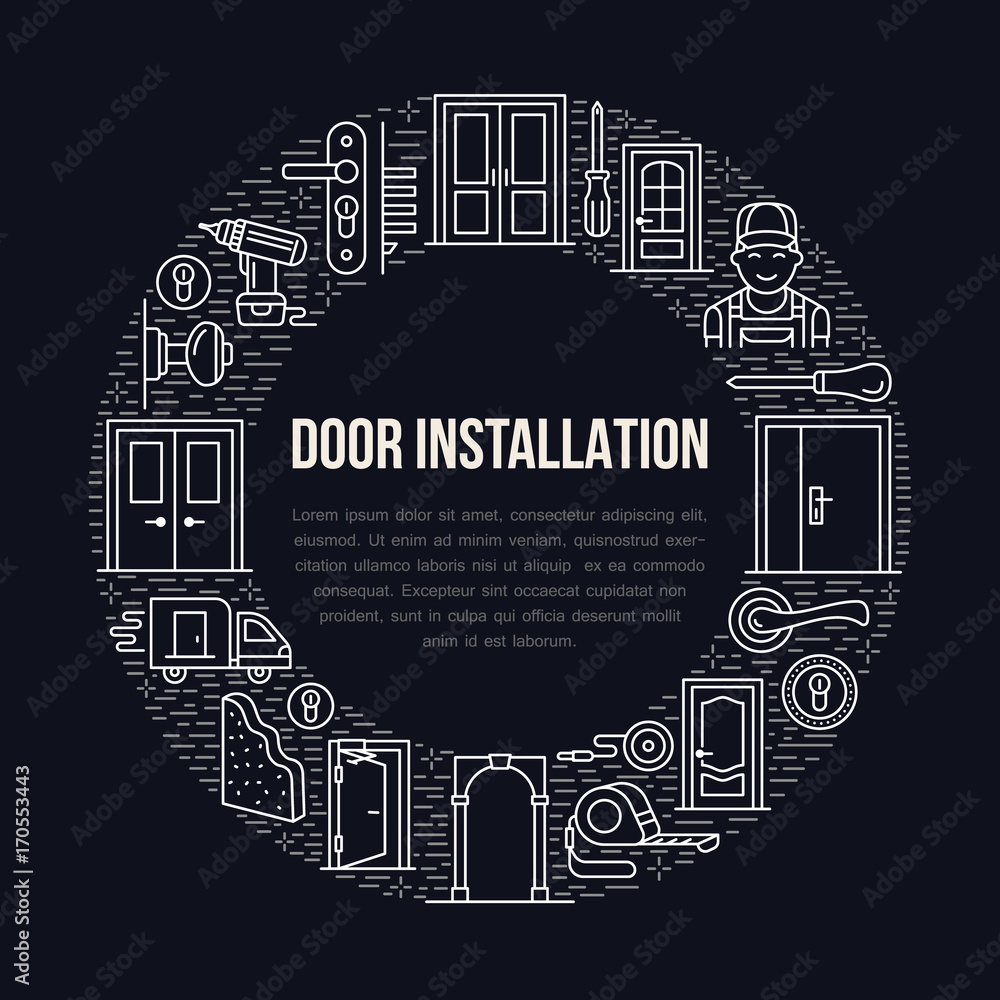 Doors installation signs, repair banner illustration. Vector line icon ...