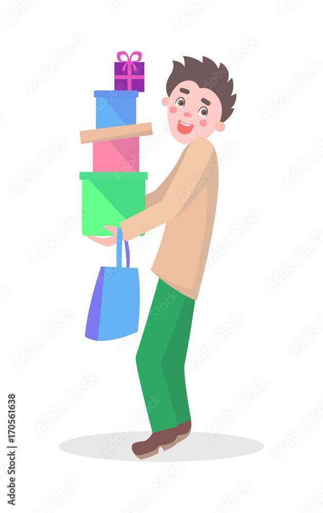 Man with Gifts Boxes Flat Cartoon Vector Icon Stock Vector | Adobe Stock