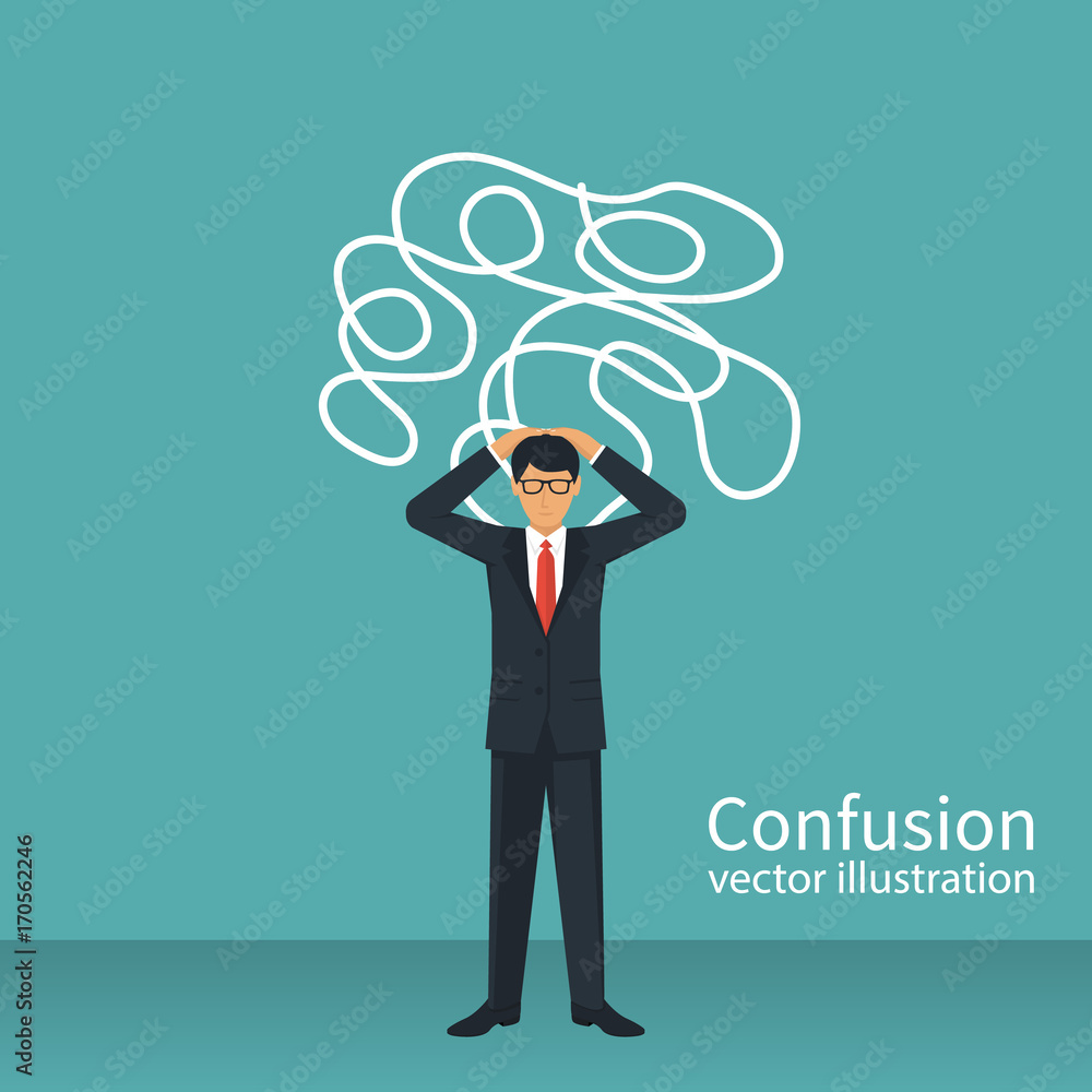 Confused thoughts. Confusion concept. Businessman is holding hands on ...