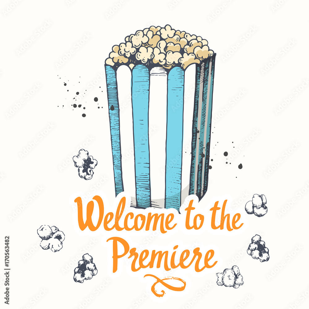 Vector illustration with sketch popcorn bucket. design. Cinema snack ...