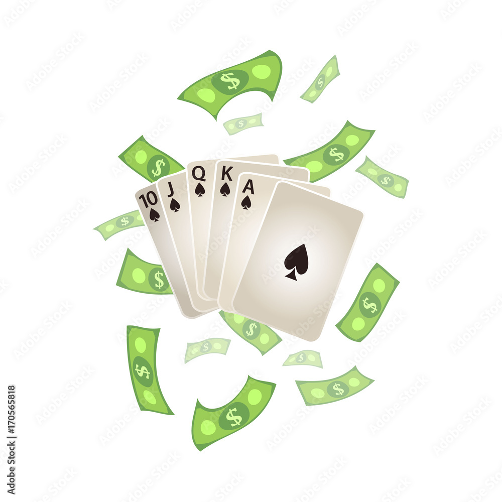 vector flat cartoon Royal Flush in spades poker cards, rain of dollar ...