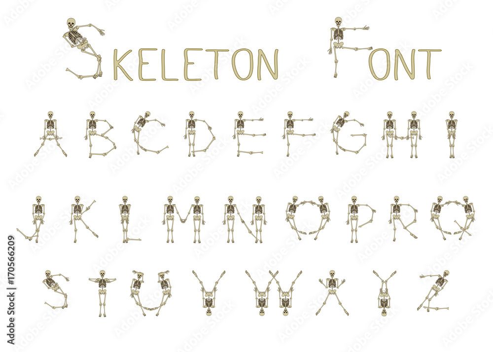 Dancing skeletons font, set of letters. Stock line vector illustration ...