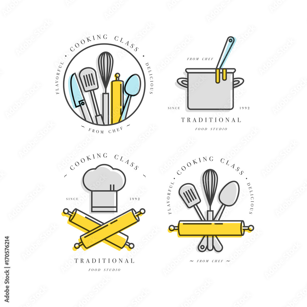 Cooking class linear design elements, kitchen emblems, symbols, icons ...