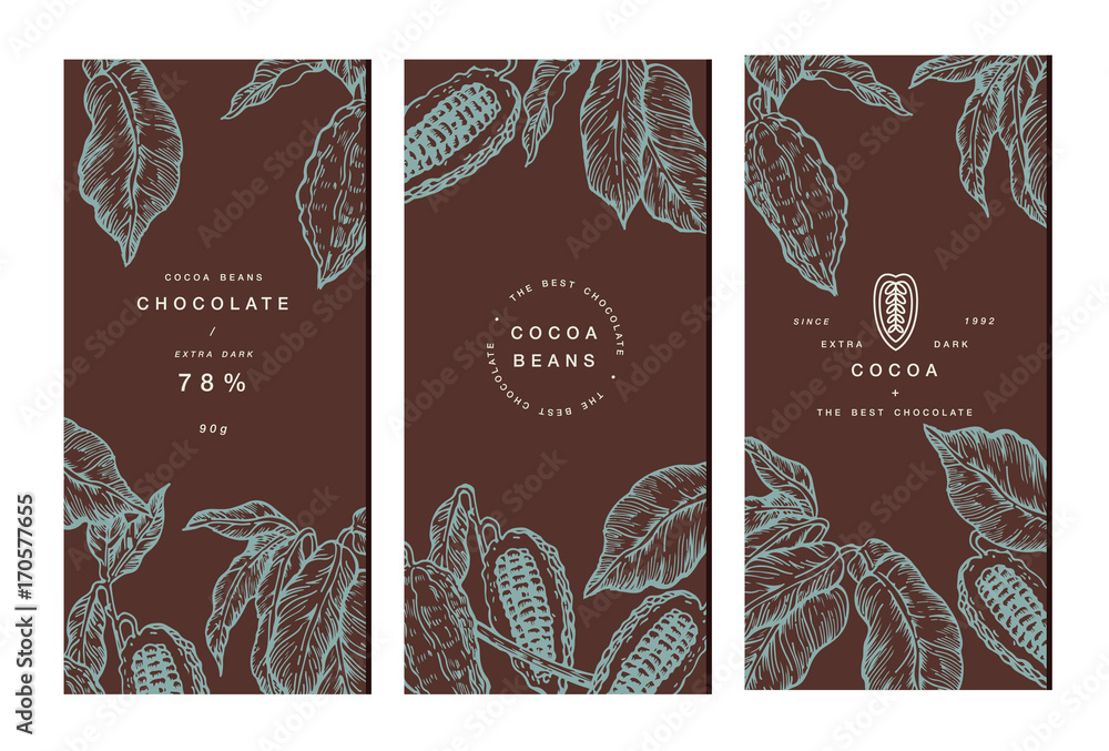 Cocoa bean tree banner collection. Design templates. Engraved style ...