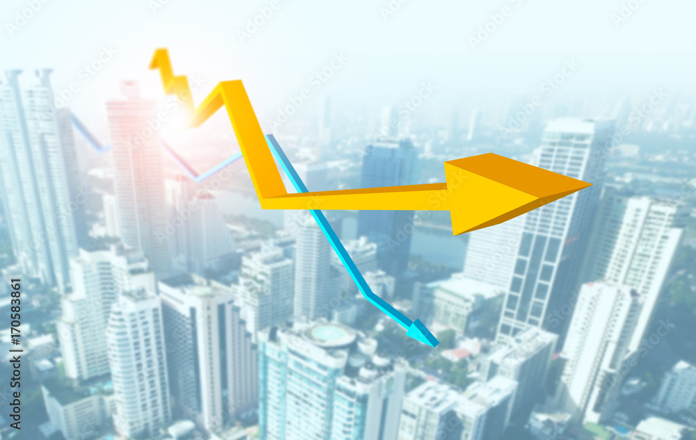 Rising graph and decreasing graph with city background, successful ...