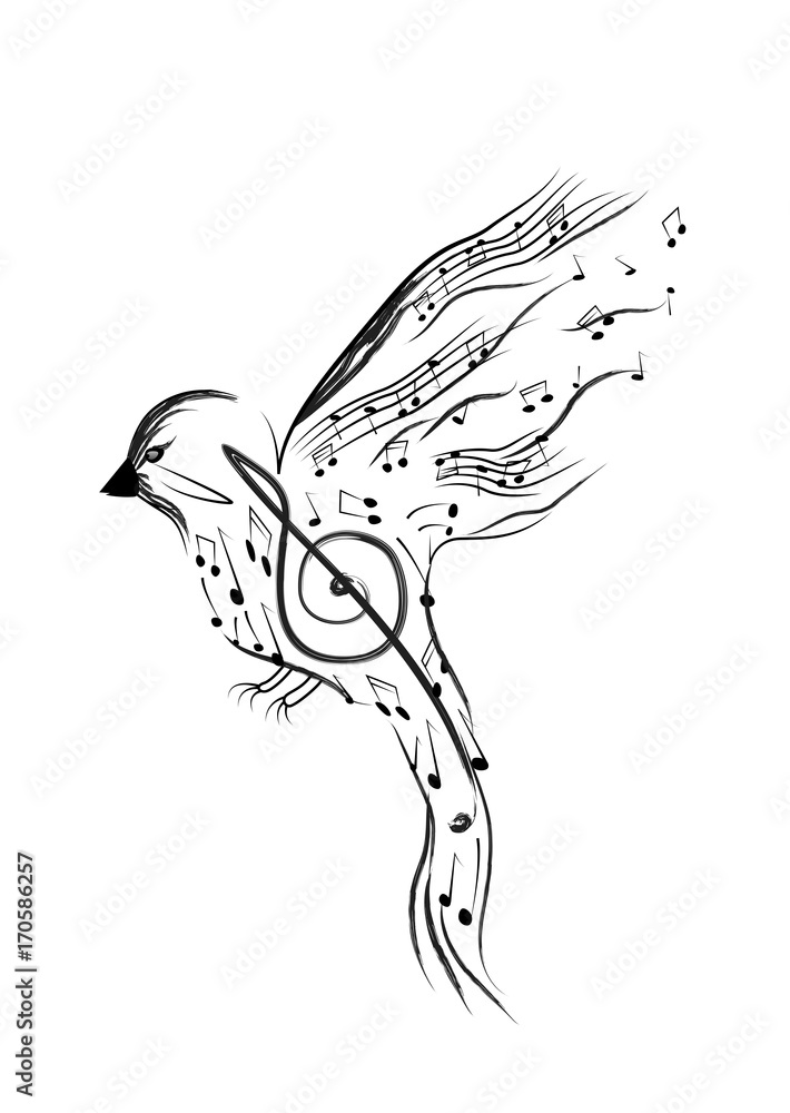 Bird with smaller musical notes isolated on white background. Vector ...