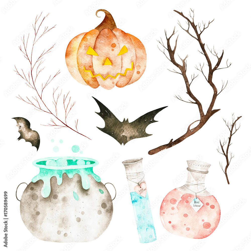 This halloween set included magic cauldron,potion bottles,bats,branches ...
