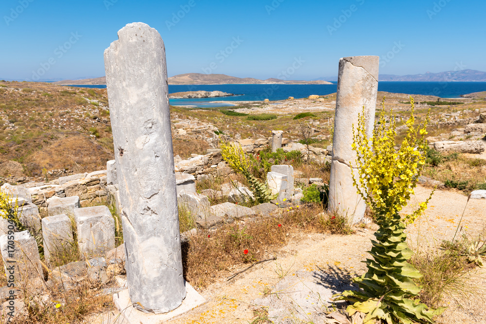 Ancient columns in the Archaeologic Site of Delos island, Cyclades ...