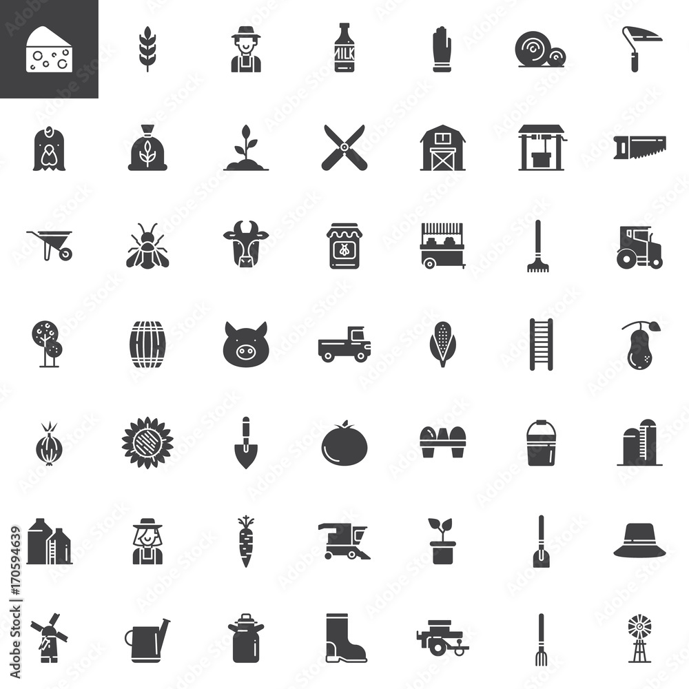 Farming and agriculture vector icons set, modern solid symbol ...