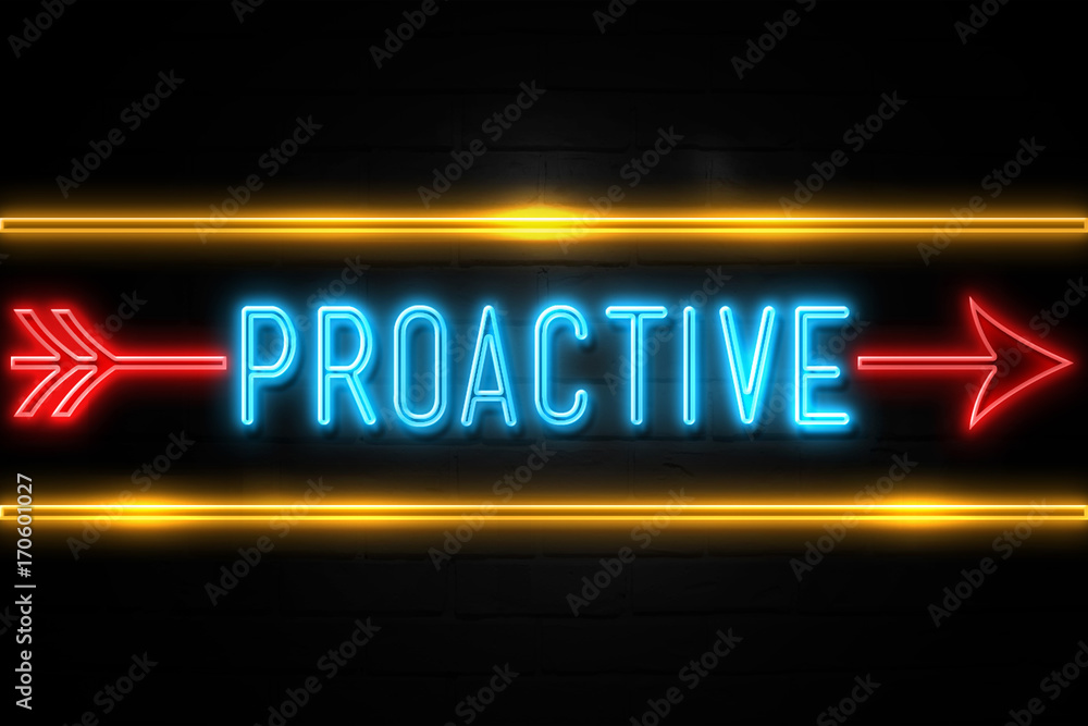Proactive - fluorescent Neon Sign on brickwall Front view Stock ...