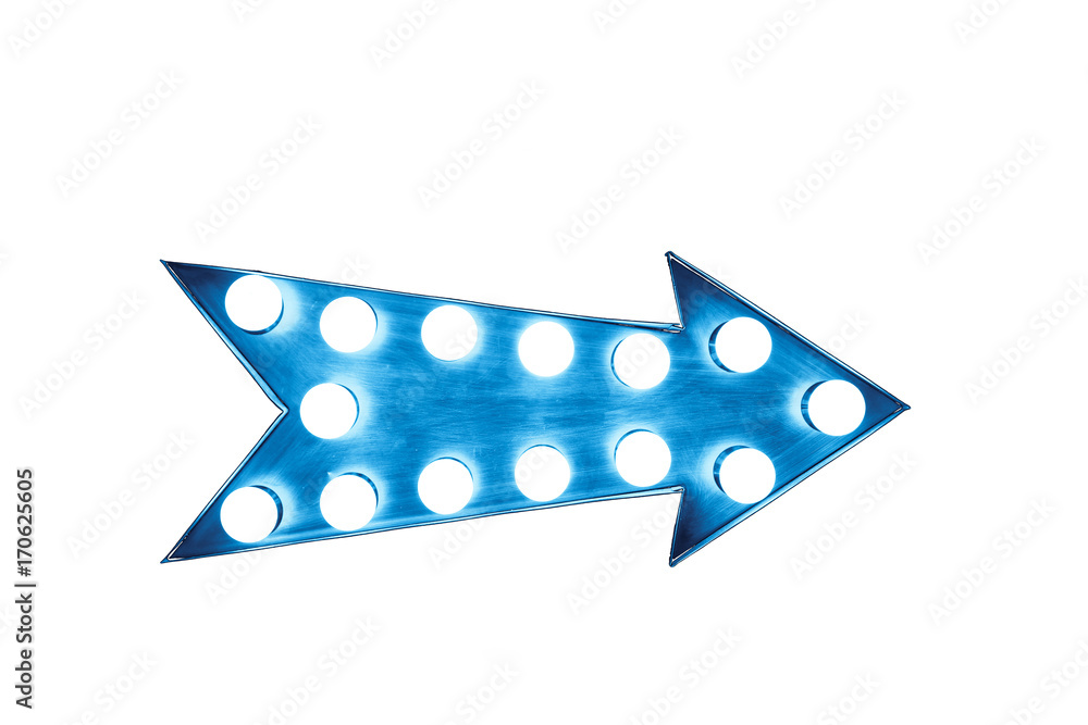 Blue vintage bright and colorful illuminated metallic display arrow ...