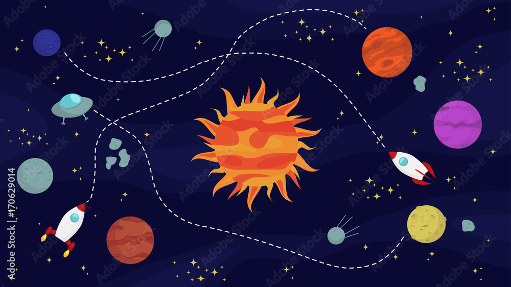space background with planets, stars, spaceships, rotating around sun ...