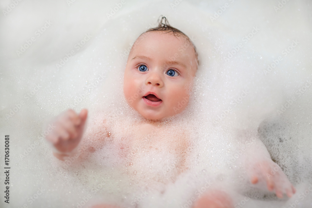 baby bathing in foam Stock Photo | Adobe Stock