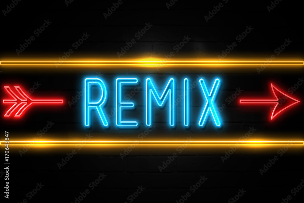 Remix - fluorescent Neon Sign on brickwall Front view Stock ...