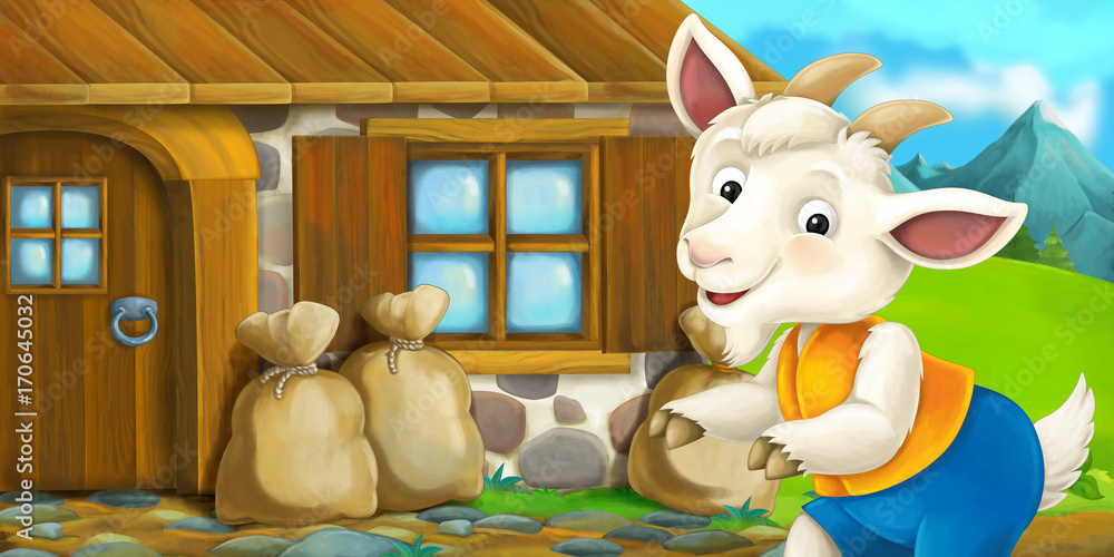 cartoon scene of little goat in front of village house - illustration ...