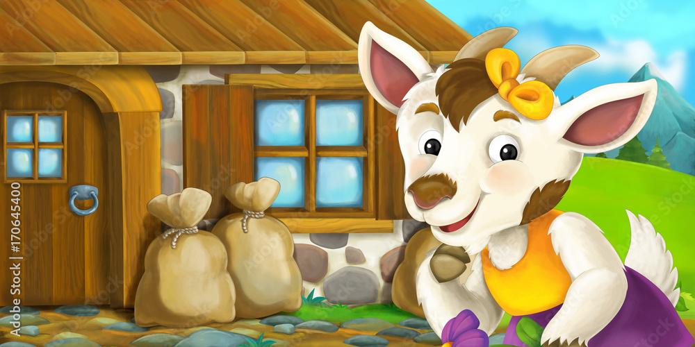 cartoon scene of little goat in front of village house - illustration ...
