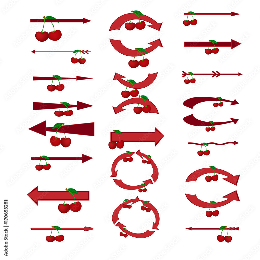 Red arrows. Set of creative colored vector arrows with berries ...
