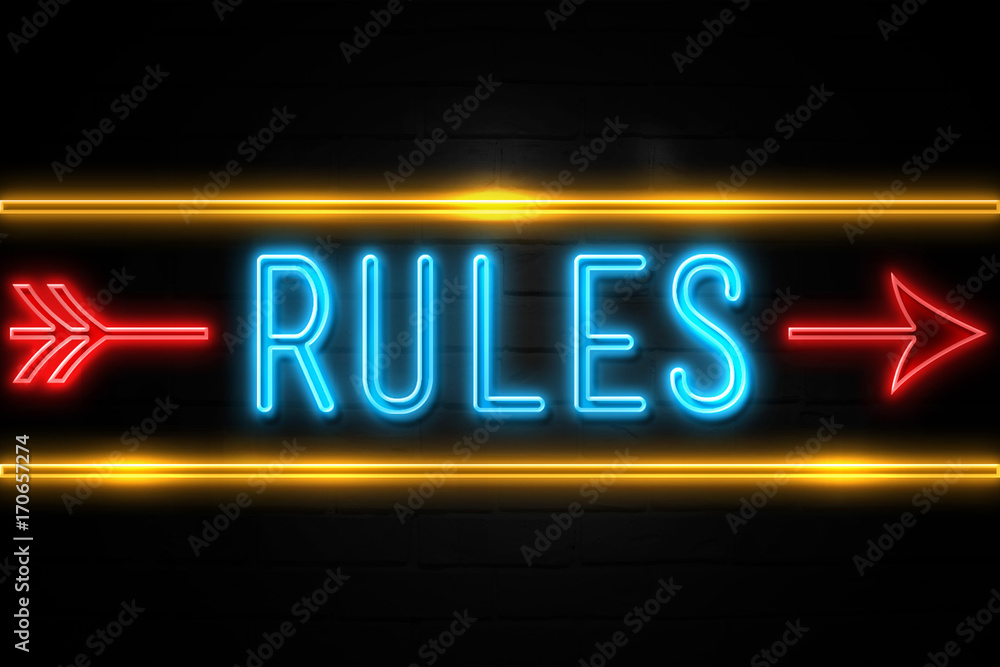 Rules - fluorescent Neon Sign on brickwall Front view Stock ...