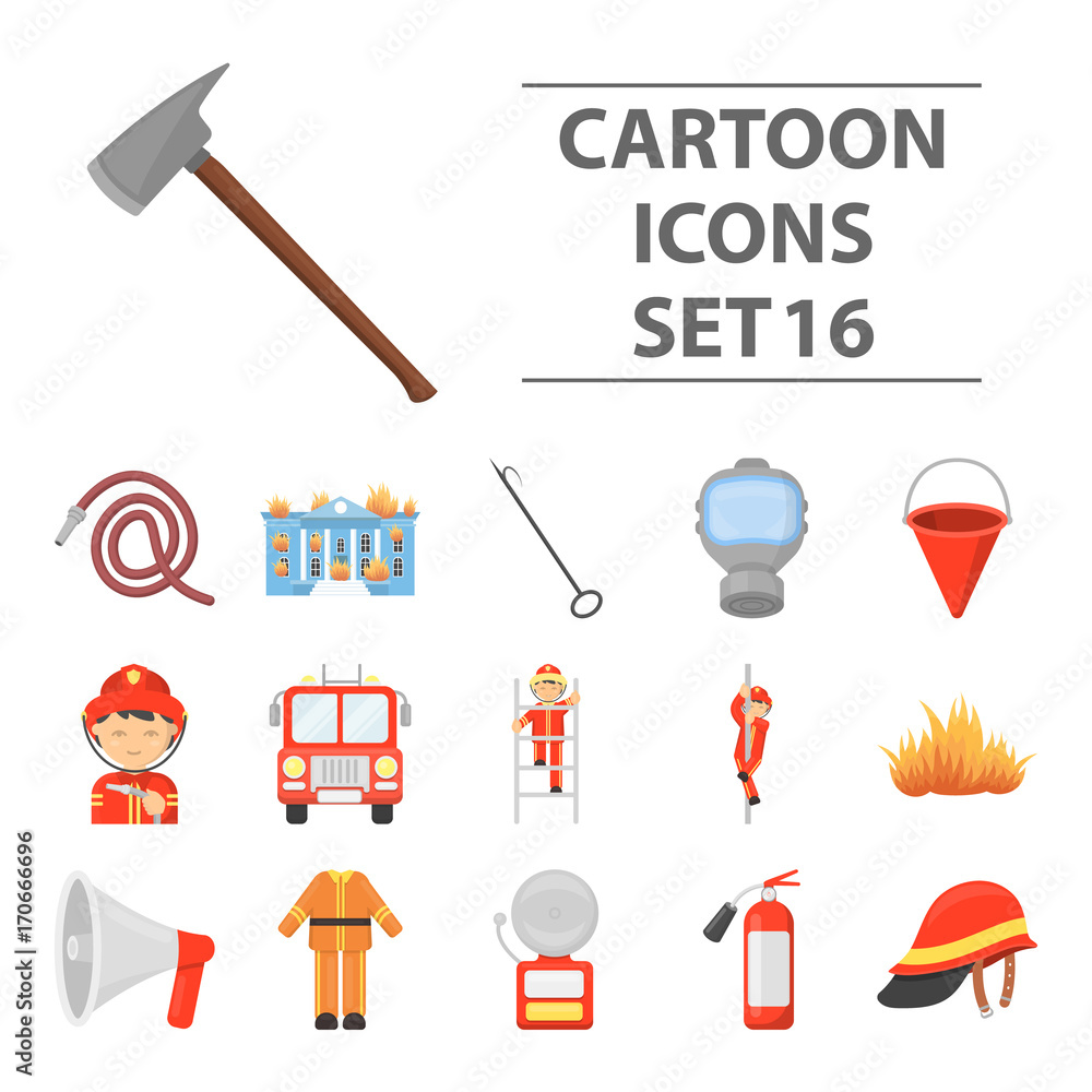 Fire department set icons in cartoon style. Big collection of fire ...