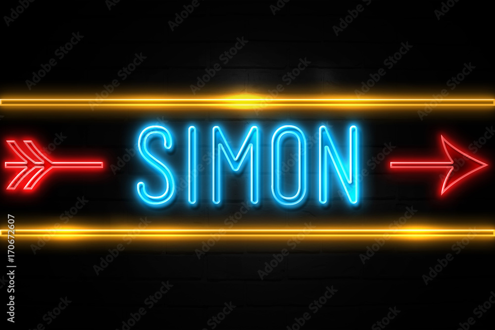 Simon - fluorescent Neon Sign on brickwall Front view Stock ...