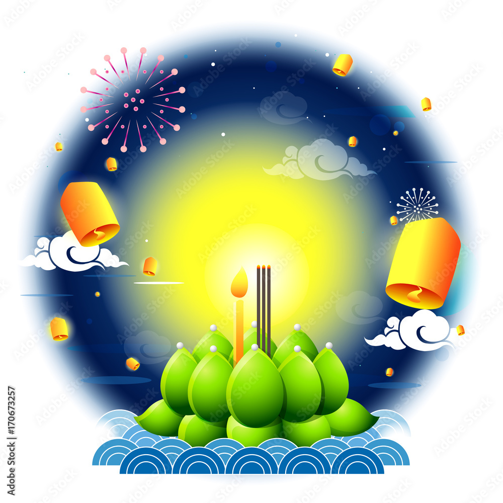 Loy Krathong and Yi Peng Festival with full moon on white background ...