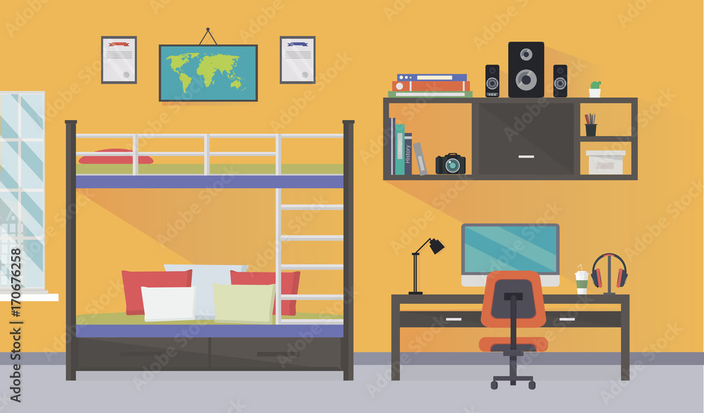 Modern teenager room interior design with trendy workspace for homework ...