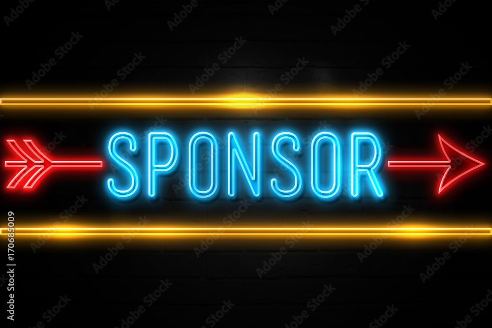 Sponsor - fluorescent Neon Sign on brickwall Front view Stock ...