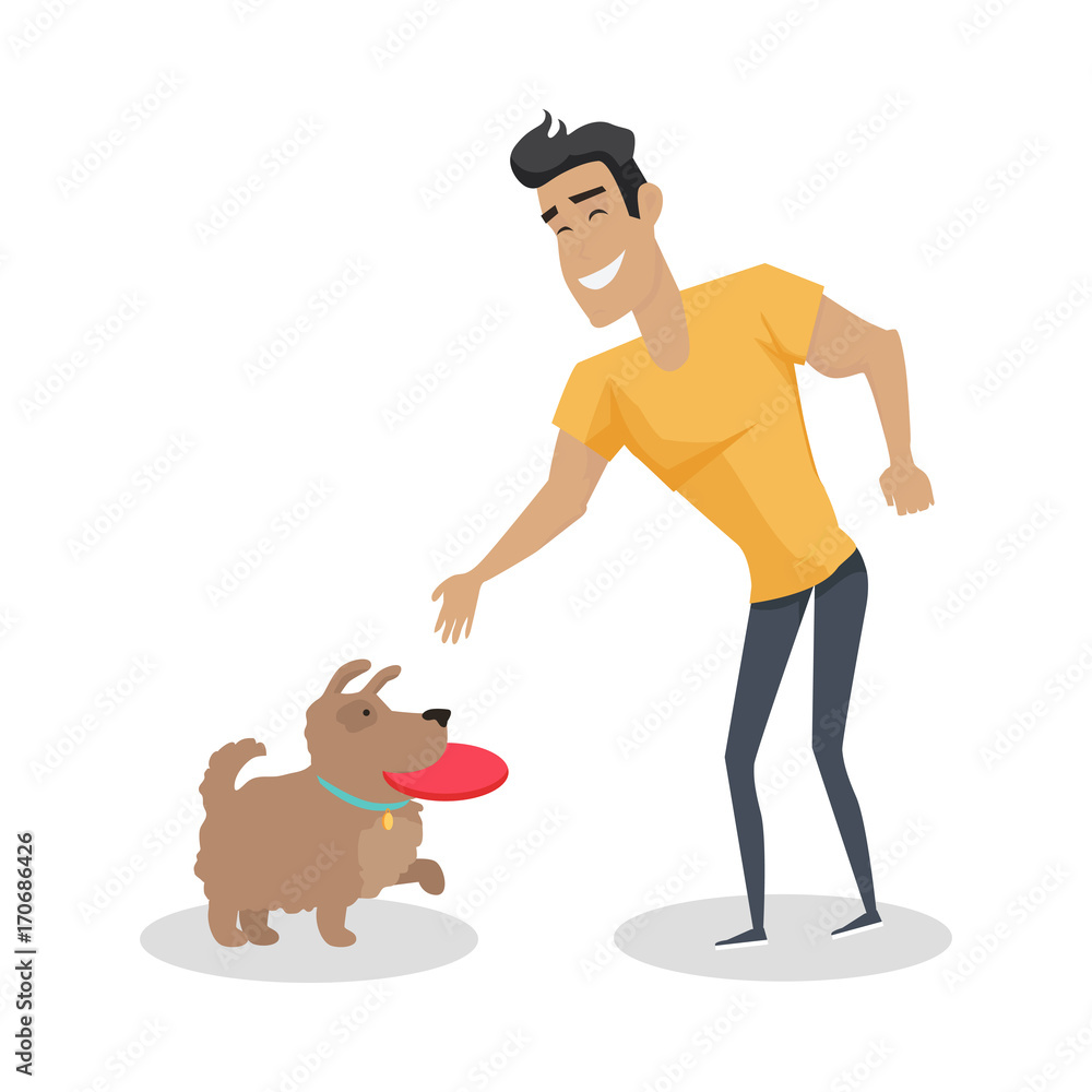 Playing with Pet Illustration in Flat Design. Stock Vector | Adobe Stock