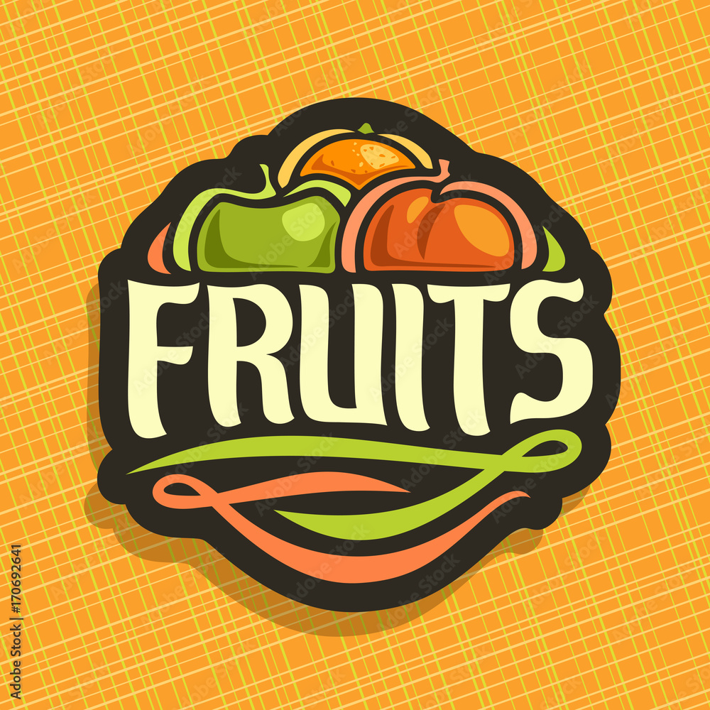Vector logo for set fresh Fruits: juicy orange, green apple, sweet ...