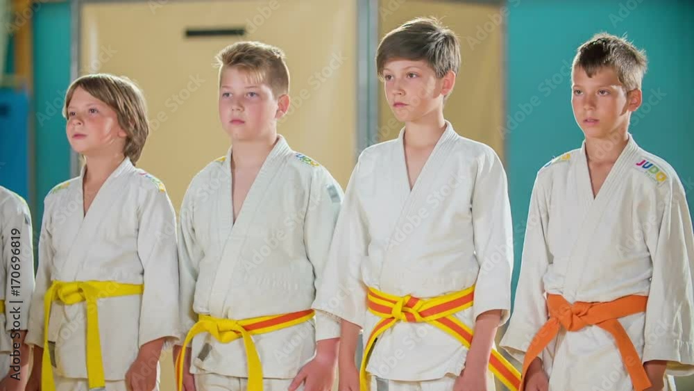 Young boys are standing in line in a judo class. They are wearing white ...